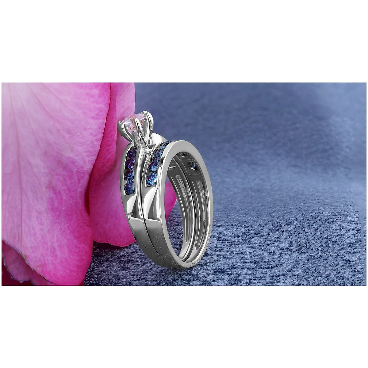 Dazzlingrock Collection 1.00 Carat (ctw) 14k Round Blue & White Diamond Wedding Ring Set 1 CT, White Gold, Size 7