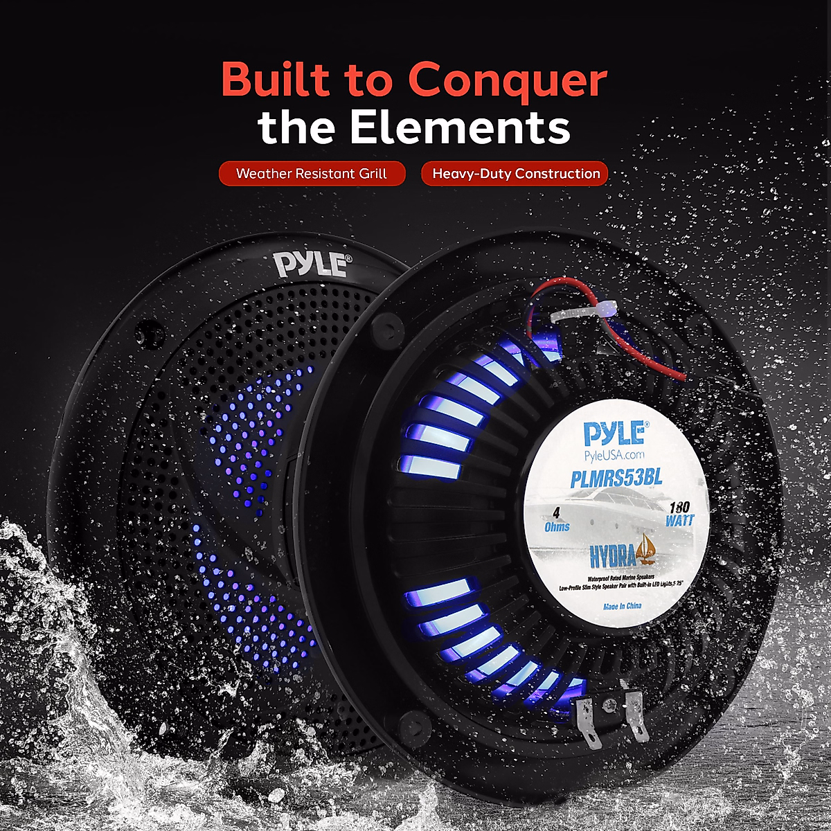Pyle Marine Speakers - 5.25 Inch 2 Way Waterproof and Weather Resistant Outdoor Audio Stereo Sound System with LED Lights, 180 Watt Power and Low Profile Slim Style - 1 Pair - PLMRS53BL (Black)