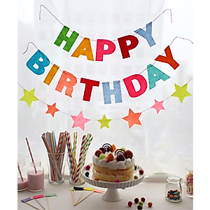Honbay 1 Felt String Happy Birthday Party Banner and 1 String Colorful Star Banner