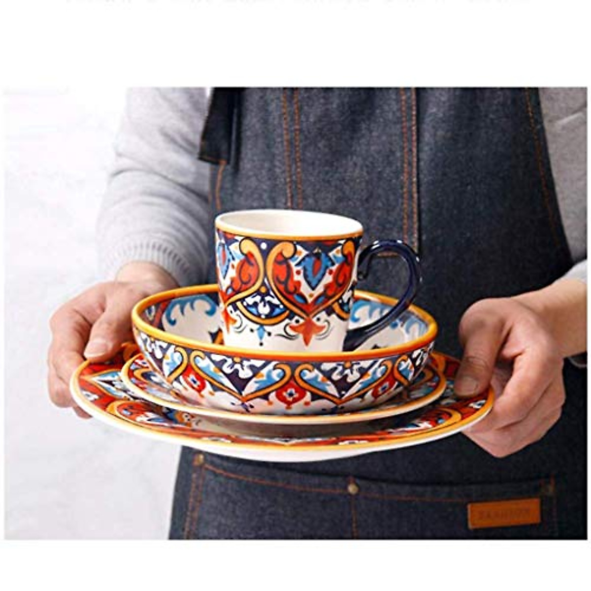 Fine Dinnerware Set,4 Pieces Rustic Style Red Vintage Pattern Ceramic Tableware Porcelain Plate Bowl Mug Dinner Gift