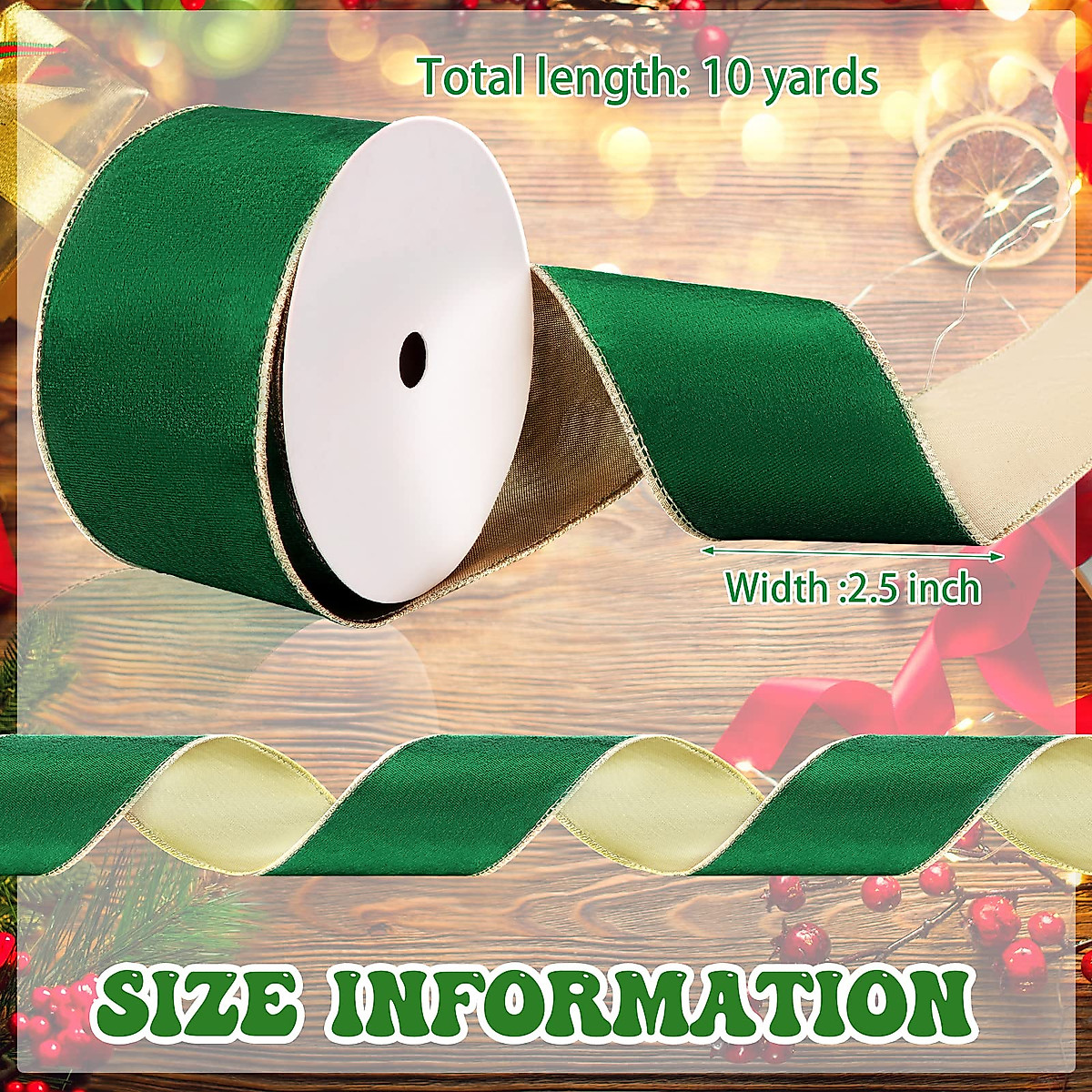 MTLEE Velvet Ribbon Iron Wired 10 Yard Gold Ribbon Soft Velvet Ribbon Fabric Gold Ribbon for Wedding Decor Gift Wrapping, Crafts, and Decorations with Metallic Gold Backing(Green Gold,2.5 Inch)