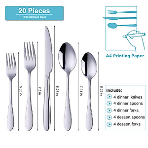 KITIOK Flatware Set for 4, Silverware Set, 20-Piece 18/0 Stainless Steel Utensils Set Service For 4, Tableware Cutlery Set, Mirror Polished, Dishwasher Safe, (Silver)