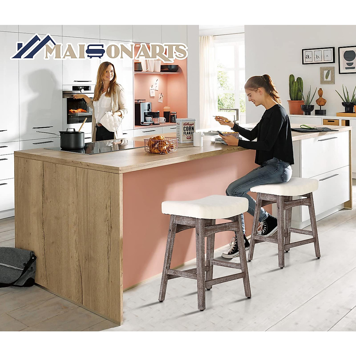 MAISON ARTS Counter Height Bar Stools Set of 2 for Kitchen Counter Solid Wood Legs with Fabric Saddle Seat Farmhouse Barstools for 34"-38" Counter Island Upholstered Stools, 24in, Creamy White