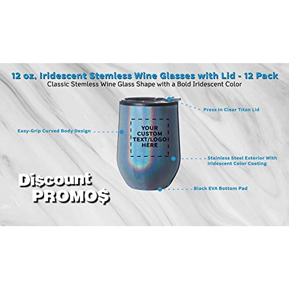 Custom Palmera Stemless Wine Tumblers with Lids 12 oz. Set of 12, Personalized Bulk Pack - Perfect for Wine, Cocktails, Other Hot & Cold Beverages - Iridescent Blue