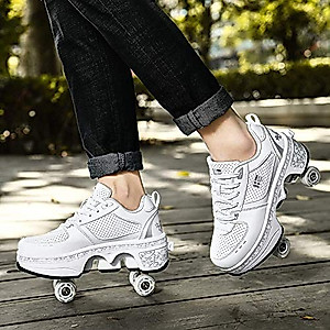 Roller Skates for Women Outdoor,Parkour Shoes with Wheels for Girls/Boys,Kick Rollers Shoes Retractable Adults/Kids,Quad Roller Skates Men,Unisex Skating Shoes Recreation Sneakers,Silver-6.5US