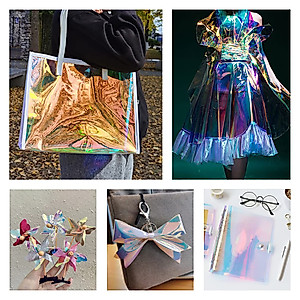 12x53 Inch Iridescent Blue PVC Vinyl Holographic Clear Synthetic Fabric Transparent Laser Rainbow for DIY Patchwork Bags Bows Jewlery Making (XHT-299-L)