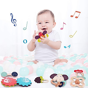 Nueplay 8PCS Baby Rattles Set, Toddlers Chewing Teething Toys Grab Shaker Hand Bells and Spin Rattle Musical Toy Playset Early Educational Shower Gift Toys for Baby Newborn Infant 6-12 Months