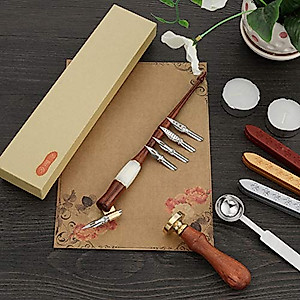 Yoption Wood Calligraphy Oblique Dip Pen Holder Set, Removable Nib Pen Handle Stand with 5 Flat Nibs Kit
