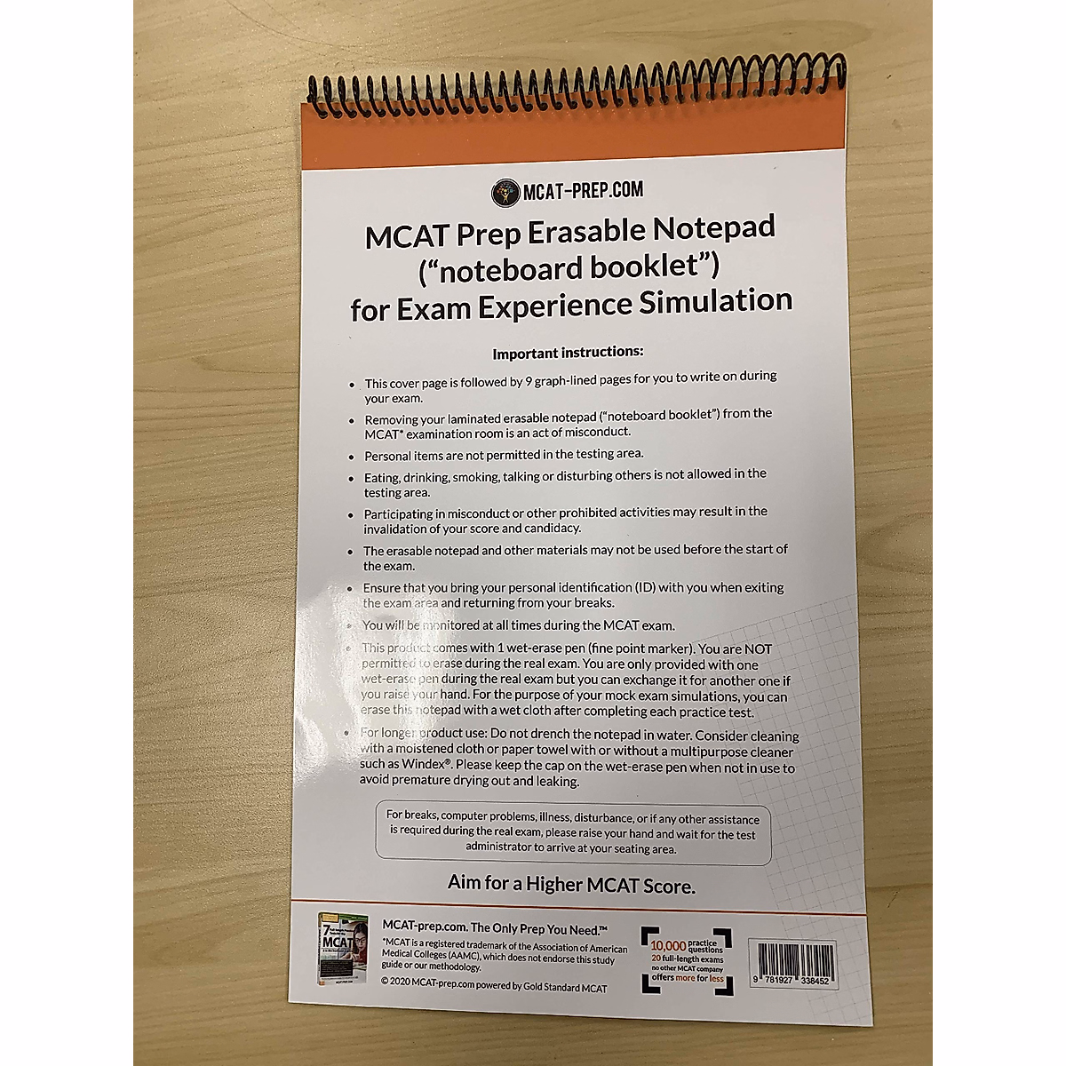 MCAT Prep Erasable Notepad/Whiteboard (noteboard booklet) with Staedtler Marker for Exam Experience Simulation