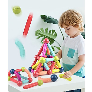 ROPECUBE 64 PCS Magnetic Balls and Rods Building Sticks Blocks Set, Children's Magnetic Building Blocks, 3D Magnetic Building Puzzle Toys. STEM Montessori Preschool Toys for Boys & Girls 3+