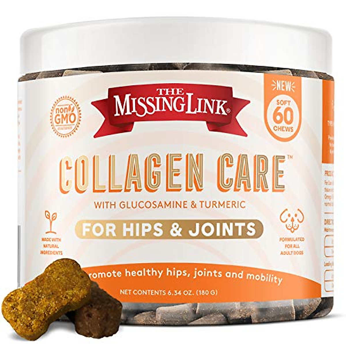 The Missing Link Collagen Care Soft Chew Nutritional Treats for Dogs - Collagen, Glucosamine, Chondroitin & Turmeric - Mobility & Anti-Inflammatory Support - Hip & Joint 60 Count