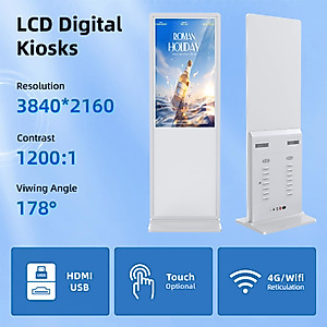 55 Inch 4K Touchscreen Digital Signage,Indoor Floor Standing Digital Kiosks & Interactive Displays,Commercial Advertising LCD Totem Android System Auto Media Player HDMI Input,Free Custom Logo,White