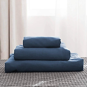 Simple&Opulence Belgian Linen Sheet Set Solid Color - 4 Pieces (1 Flat Sheet, 1 Fitted Sheet & 2 Pillowcases) Natural Flax Cotton Blend Soft Breathable Farmhouse Bedding - Queen Size, Classic Blue