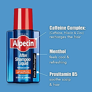 Alpecin After Shampoo Caffeine Liquid Hair Recharger, 6.76 fl oz, Scalp Tonic for Men's Thinning Hair Growth, Sulfate Free with Castor Oil