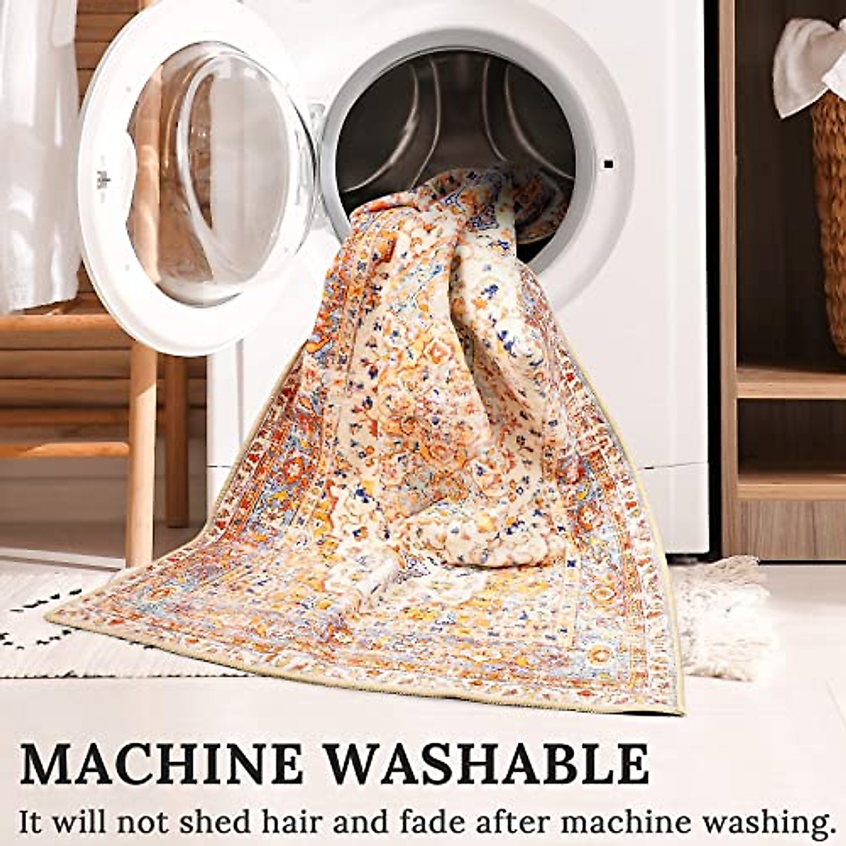 MUJOO Machine Washable Rugs 3x5 Boho Area Rug Small Area Rugs Non Slip for Entryway Bedroom Bedside Kitchen Hallway Living Room Laundry Room Persian Indoor Mat Soft Low-Pile Burnt Orange and Blue