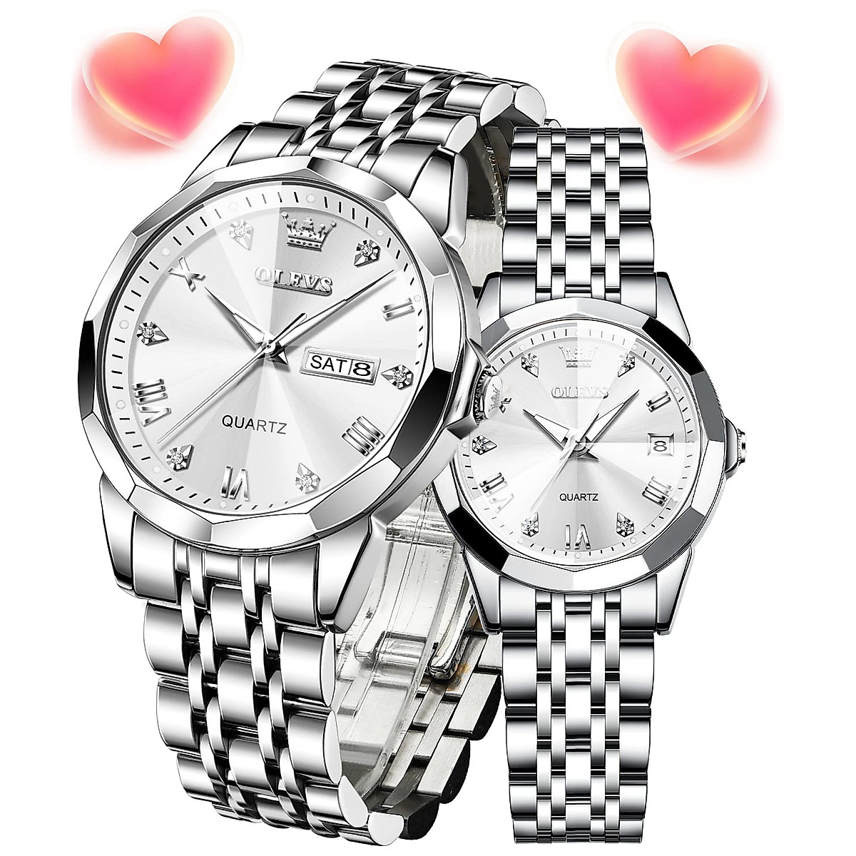 OLEVS Valentine's Day His and Her Couple Watches Fashion Dresse Matching Watches Quartz White Face White Stainless Steel Strap Luminous Waterproof Wrist Watch