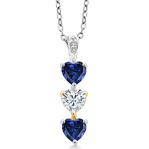 Gem Stone King 925 Silver and 10K Yellow Gold Blue Created Sapphire Moissanite and White Lab Grown Diamond 3 Stone Heart Shape Pendant Necklace By Keren Hanan (1.43 Cttw, with Chain)