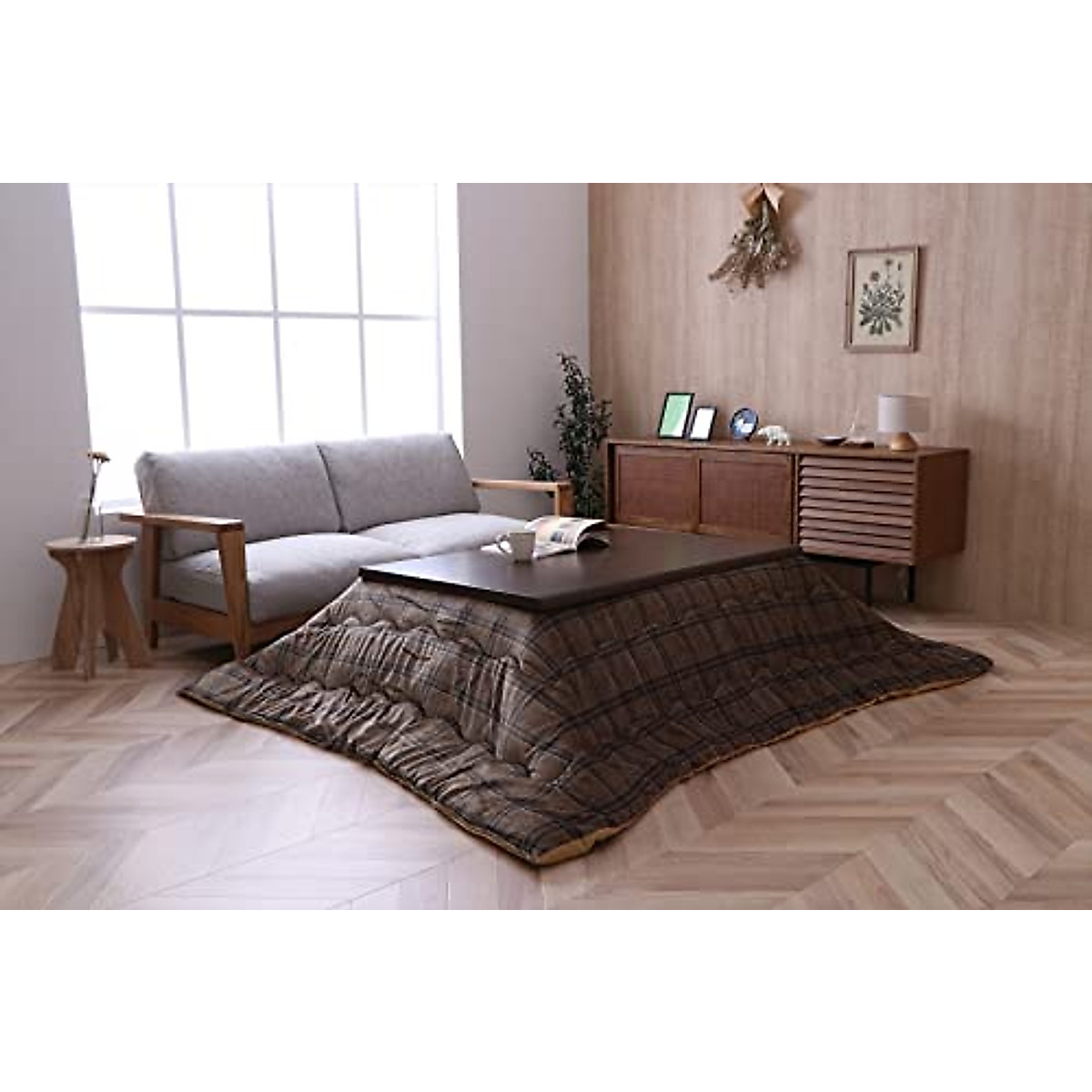 BJDesign Washable Kotatsu Futon Casual Checkered Design, 100% Polyester Fabric Material, Home and Living, Japanese Kotatsu Blanket (Brown, Rectangle (75 x 95 Inches))