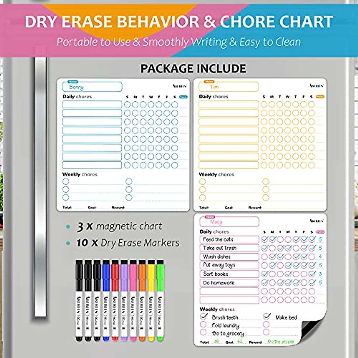 Magnetic Chore Chart, 3 Pcs Dry Erase Behavior Charts & 10 Markers, Reward Chart for Multiple Kids Teens Adults Family, Daily Responsibility Rewards Whiteboard for Fridge School Home Supplies