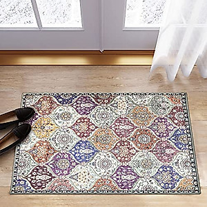Beeiva Entryway Throw Small Rug Non Slip Rug, Moroccan Floral 2X3 Doorway Bathroom Washable Rug Floor Carpet for Doorway, Vintage Distressed Non-Shedding Kitchen Rug for Bedroom Entryway