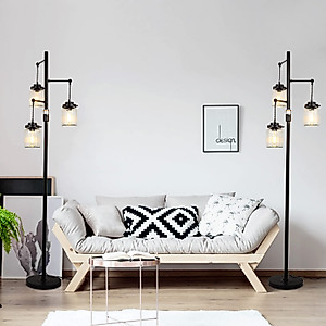 Stepeak Industrial Floor Lamp, Farmhouse Rustic Floor Lamp with 3 Glass Shades, Tall Standing Lamps with Dimmable Switch, Sturdy Base, Black Floor Lamps for Living Room Bedroom Office Home