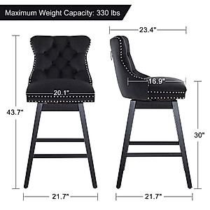 Fahomiss Swivel Bar Stools, Barstool Set of 4 with Back, Bar Height Stools, Black Barstools for Kitchen Island, Counter Height Velvet Bar Stools with Upholstered Seat, Wood Legs for Home Bar