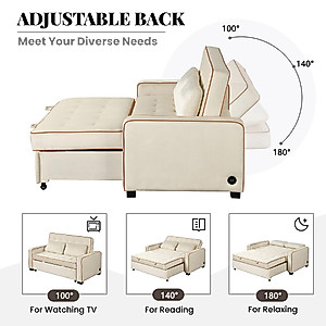 P PURLOVE Upholstered Modern Sofa Bed with Armrest, Convertible Sofa Couch with Adjustable Backrest and Dual USB Charging Port, Sleeper Bed for Living Room, Bedroom, Office, Brown Gray