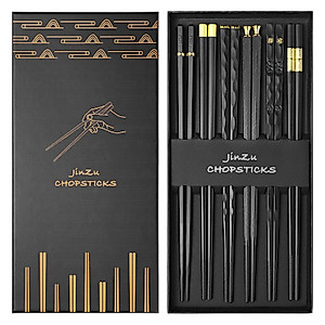 6 Pairs Chopsticks Reusable Fiberglass Chopsticks Dishwasher Safe, 9.6 inch/24.3cm Japanese Chinese Chop Sticks Gift Set (Black&Golden)