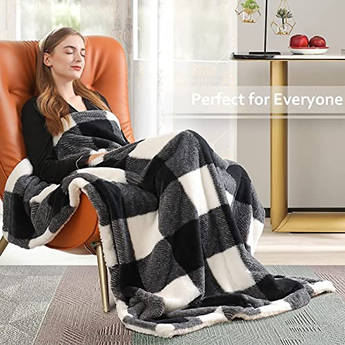 Monbix Queen Sherpa Throw Blankets Soft Fuzzy Warm, Fluffy Throw Blankets Couch Fleece, Throw Blankets Bed Cozy Machine Washable Faux Fur Plush Thick Comfy Buffalo Plaid Furry Sofa 380gsm 180gsm 90x90