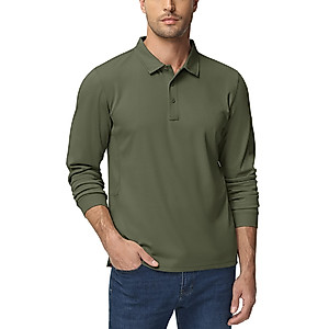 TACVASEN Long Sleeve Shirts for Men Tactical Performance Polo Shirts with Collar Quick Dry Fit Lightweight Work Shirts Workout Golf Army Green S