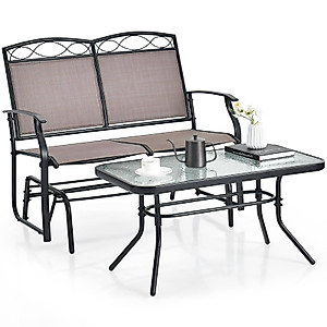 Giantex Patio Glider Bench Set - Outdoor Loveseat Glider Chair with Tempered Glass Coffee Table, Metal Frame, 800 Lbs Weight Capacity, Gliding Rocking Chair Set for Patio, Porch, Yard (2 PCS, Brown)