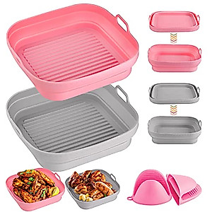 2 Pack Air Fryer Silicone Liners Square Reusable，8.2 Inch Foldable Food Safe Air Fryer Silicone Pot, Non Stick Air Fryer Accessories for Oven , Fits 4 to 7 QT Air Fryer Basket, With Heat-proof Gloves