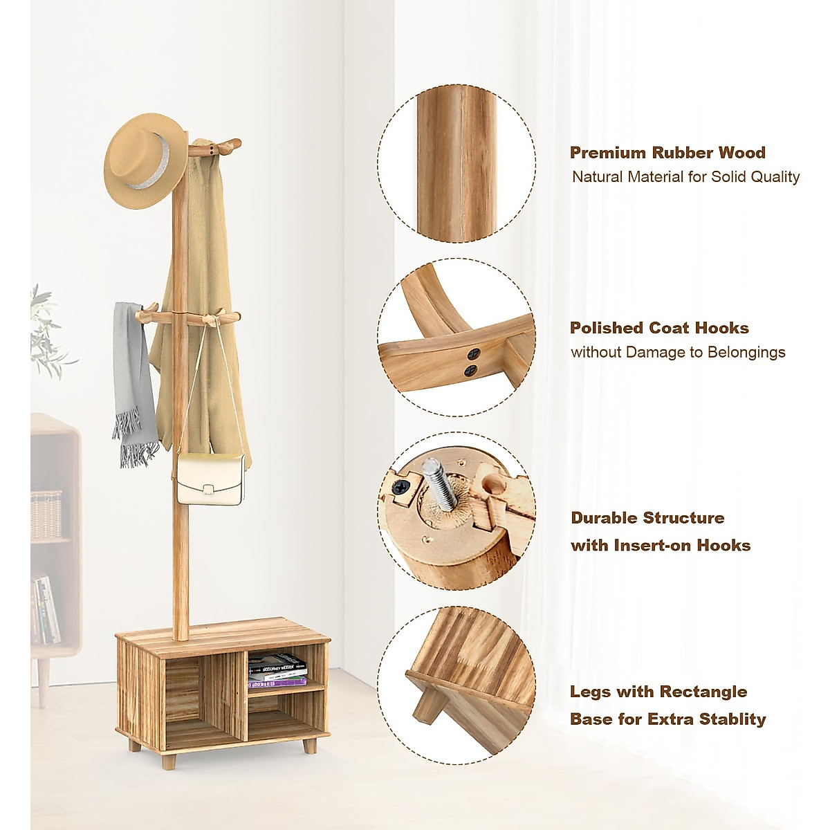 Yoimori Coat Rack, Wooden Coat Rack Freestanding with Storage Cabinet and 12 Hooks, Coat Tree,Sturdy Coat Rack Stand for Entryway, Hallway, Bedroom, Living room, Office, Coats, Bags, Hats(Brown)