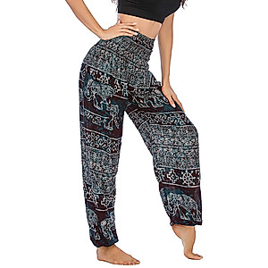 Lu's Chic Women's Smocked Waist Yoga Pant Boho Elephant Printed Bohemian Hippie Cinch Bottom Thai Indian Jogger Elastic Waist Harem Pants Tapered Leg Black One Size