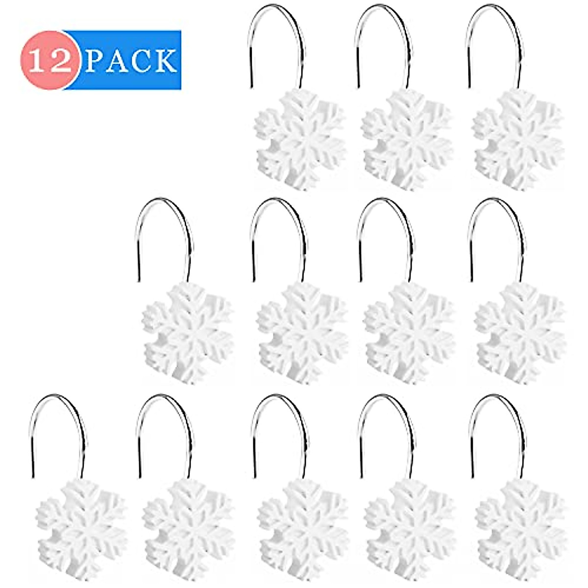 Shower Curtain Hooks, Snowflake Shower Curtain Rings Christmas Shower Curtain Hooks for Winter Bathroom Restroom(Snow)