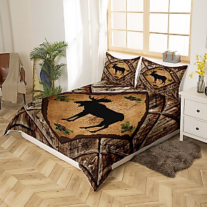 Moose Duvet Cover Queen Size 3 Pcs Barn Door Wooden Stripes Rustic Farmhouse Bedding Set for Kids Teens Adults Cartoon Tribal Arrow Wild Animal Plants Comforter Cover with 2 Pillowcases