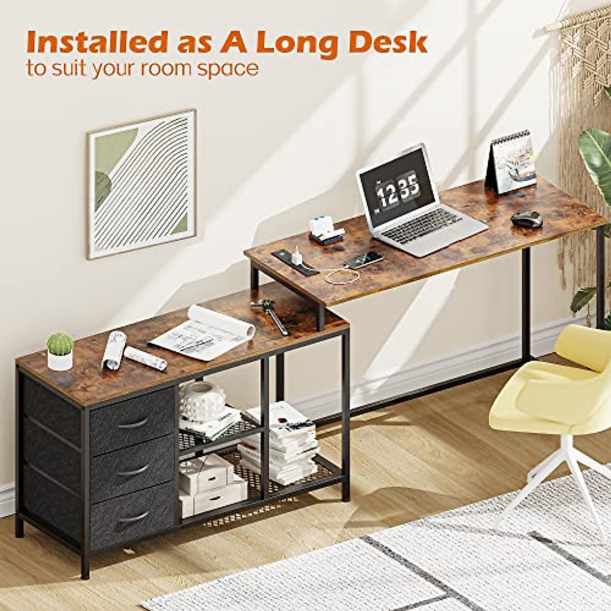 SUPERJARE L Shaped Desk with Power Outlets, Computer Desk with Drawers & Shelves, Corner Desk Gaming Desk Home Office Desk, Rustic Brown