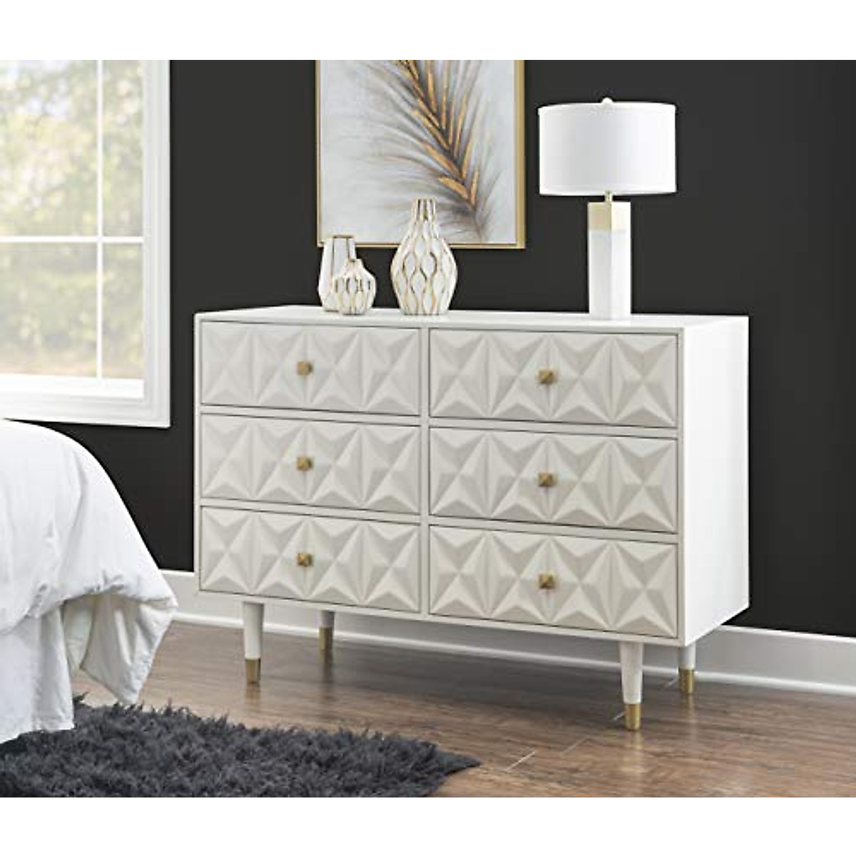 Linon Home Décor Sheerah Six Drawer Geo Texture White Dresser, Gold