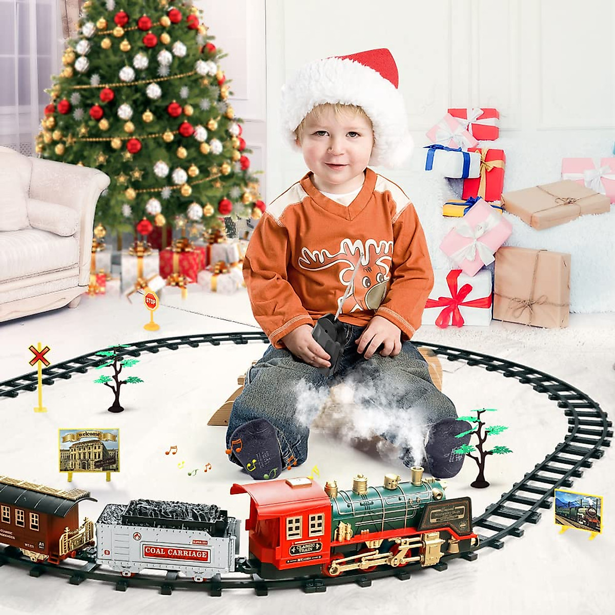 Remote Control Train Set - Electric R/C Train Toy for Kids w/Smokes,Lights & Sound,Railway Kits w/Steam Locomotive Engine,Cargo Cars & Tracks, Christmas Toys for 3 + Year Old Kids