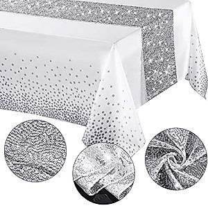 Tablecloth and Sequin Table Runner Set Polka Dots Confetti Table Cover Dining Plastic Table Cloths Glitter Decorations for Birthday Wedding Anniversary Party Supplies (White, Silver, 2 Pcs)
