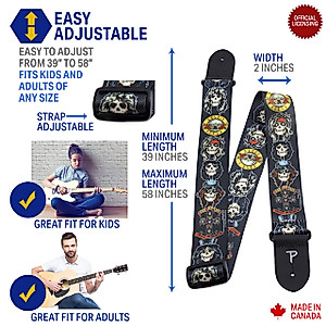 Perri's Leathers Adjustable Guitar Straps for Kids, Men & Women - Official Licensing Guns n Roses Guitar Strap for Acoustic, Bass, and Electric Guitars - Adjustable Size - Guns n Roses Licensed