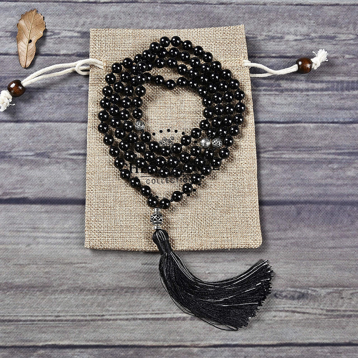 Cherry Tree Collection Mala Necklace | 108 Hand-Knotted 8mm Gemstone Round Beads, Antiqued Guru and Counter Beads, and Tassel | Meditation, Buddhist Prayer, Healing (Black Tourmaline)
