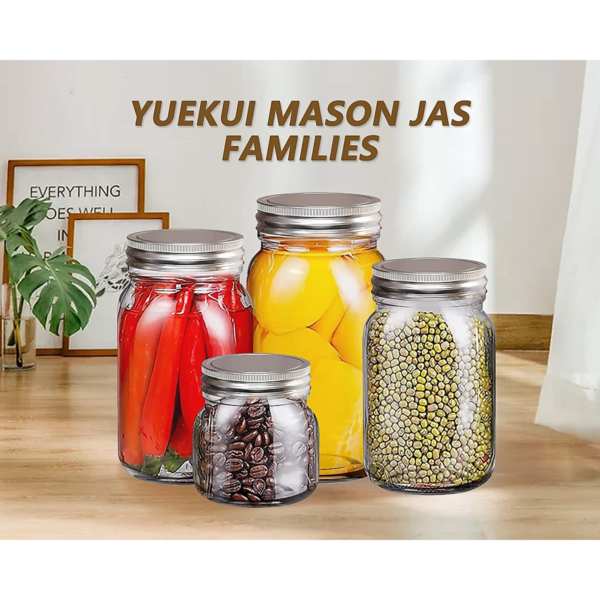 YUEKUI 6 PCS Mason Jars with 70mm Regular-Mouth Glass Canning Jars, clear glass jars with Silver Metal Lids for Jelly, Sara,Bird’s Nest, Jam, Milk Tea,wedding-gifts,as an element of interior(2pcs 4.8oz/2pcs 8oz/2pcs 16oz)