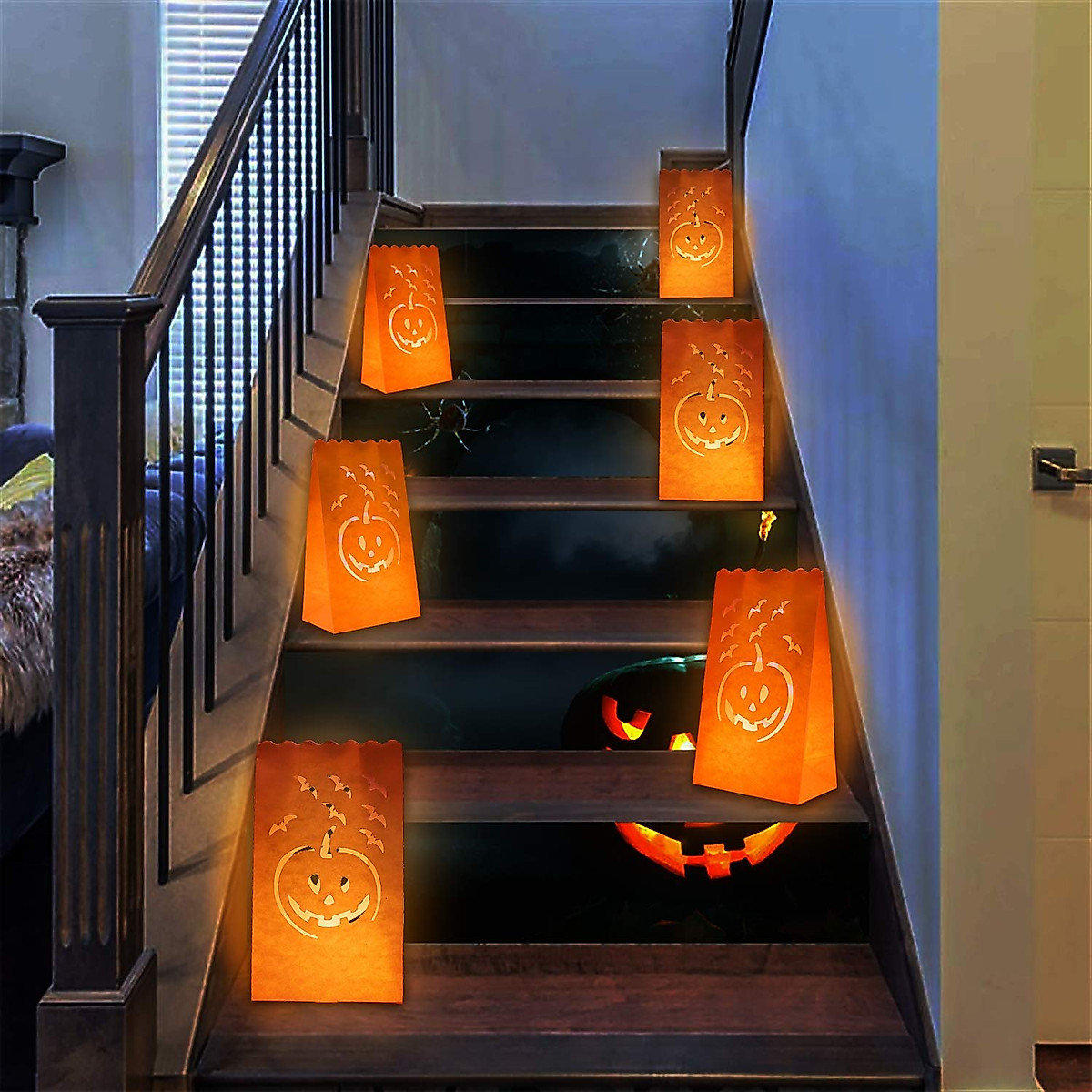 Homemory 24 Pack Halloween Luminary Bags, Flame Resistant Luminaries, Orange Tea Light Candle Bags for Halloween Decoration, Parties, Fall Festival
