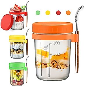 Tekuve 4 Pack Glass Overnight Oats Containers with Lids and Spoon, 16 oz Mason Jars with Airtight Lid for Overnight Oats Meal Prep Chia Yogurt Salad Fruit