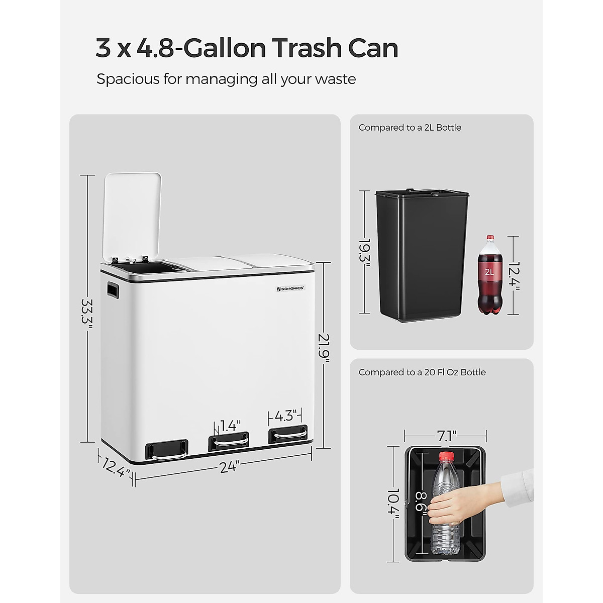 SONGMICS Trash Can, 3 x 4.8 Gallon Garbage Can, 14.4 Gallon Recycle Bin with Soft-Close Lids, Pedals, and Inner Buckets for Kitchen, Stainless Steel, White ULTB154W01
