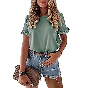PRETTYGARDEN Women's Short Sleeve Casual T Shirts Summer Ruffle Plain Round Neck Loose Fit Tee Blouse Tops (Green,Small)