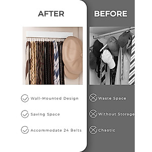 StorageWorks Belt Organizers for Wall, Wooden Belt Holder, Belt Storage with 12 Hooks, Tie Rack Wall Mounted, Belt and Tie Organizer for Closet, White, 2 Pack