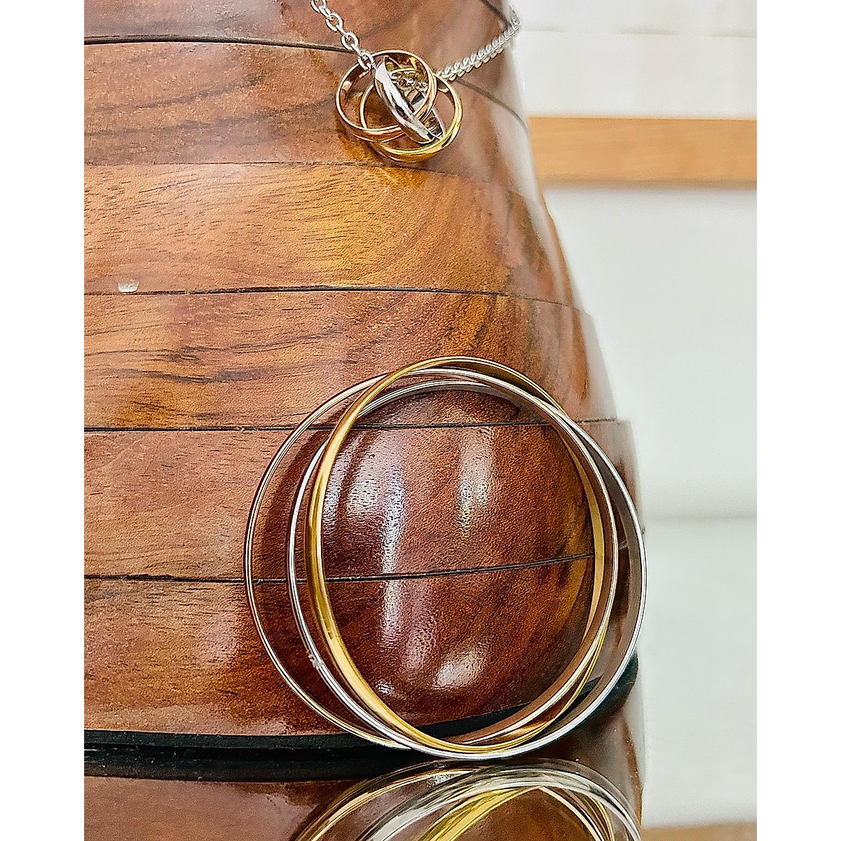 Stimm Tri-Tone Bangle Bracelet Interlocked Stainless Steel in Rose Silver Yellow Gold Women