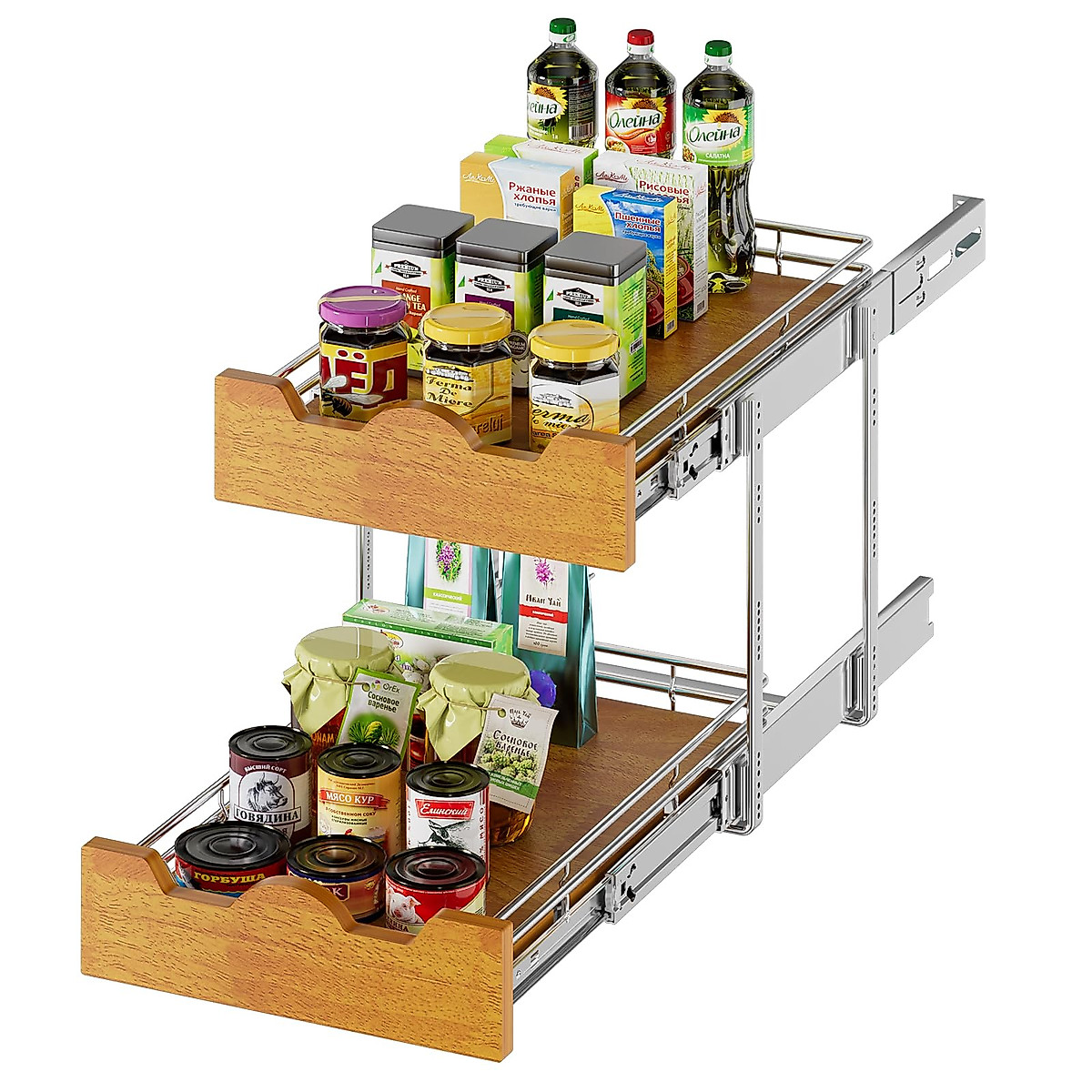DINDON 2 Tier Pull Out Cabinet Organizer (11" W x 21" D) Slide Out Wood Shelf Organizers Double Tier Kitchen Wire Basket with Chrome Finish…